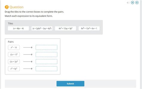 drag the tiles to the correct boxes to complete the pairs match each expression to its