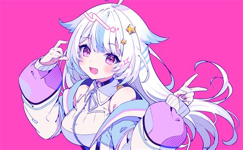 Wallpaper Anime Girls Virtual Youtuber Long Hair Pink Background Simple Background
