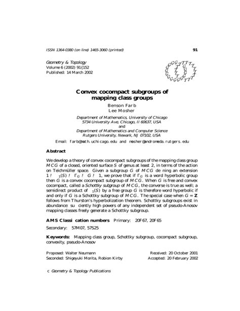 convex cocompact subgroups of mapping class groups geometry and topology benson farb
