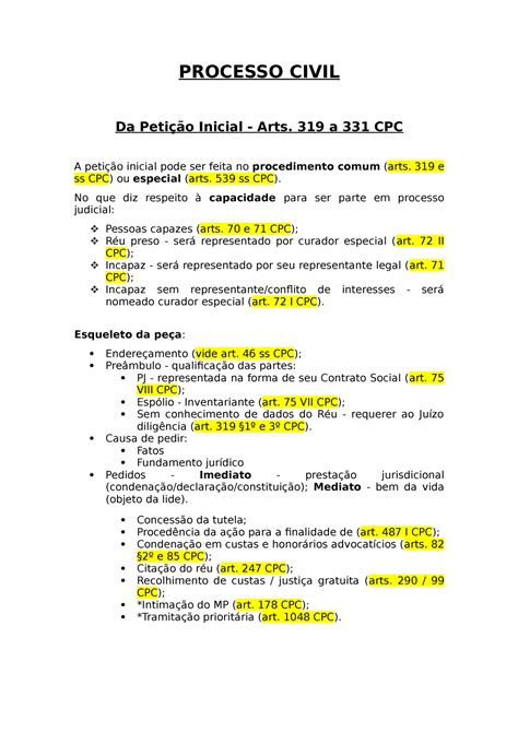 Processo Civil Petição inicial PROCESSO CIVIL Da Petição Inicial