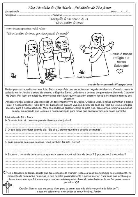 Pãozinho do Céu Atividades de Catequese Evangelho João 1 29 34 Eis