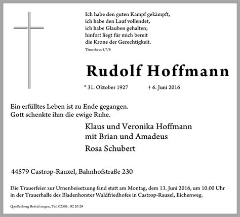 Traueranzeigen Von Rudolf Hoffmann Trauer In Nrw De