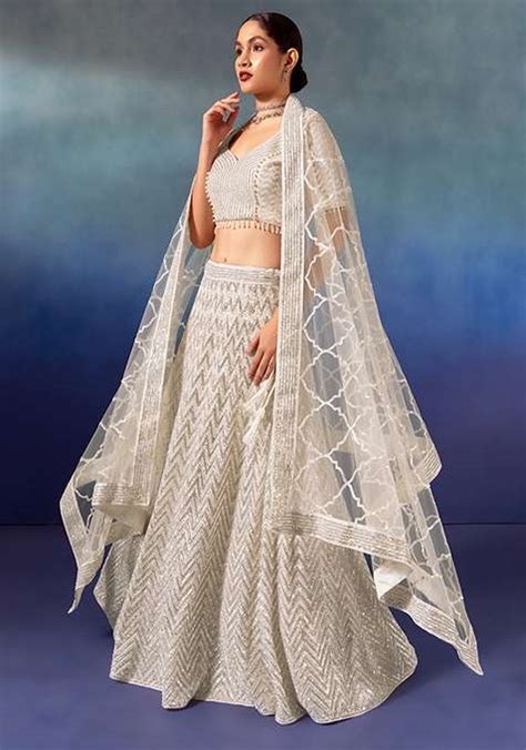 Buy Women Ivory Chevron Sequin Embroidered Lehenga Set With Embroidered