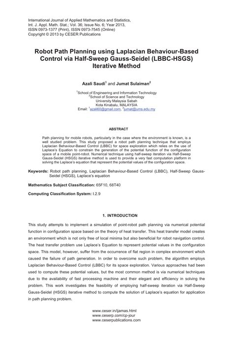 pdf robot path planning using laplacian behaviour based control via half sweep gauss seidel