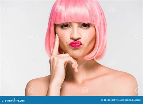 Naked Girl In Pink Wig Isolated On Grey Stock Photo Image Of