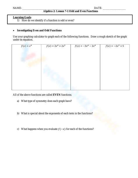 free printable even and odd functions worksheets