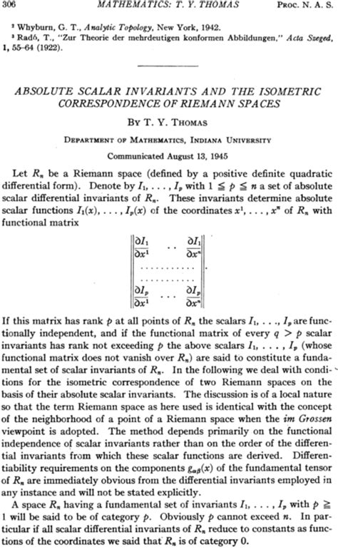 absolute scalar invariants and the isometric correspondence of riemann spaces pnas