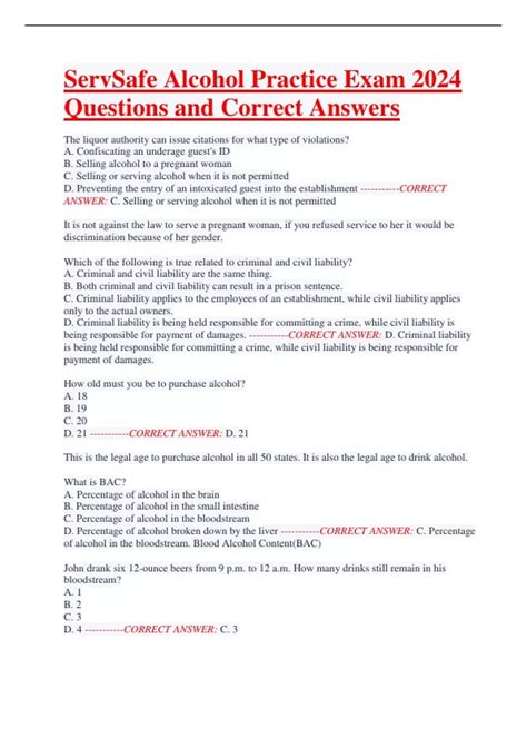 Servsafe Alcohol Practice Exam Questions And Correct Answers