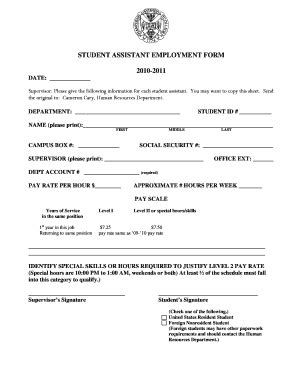 Fillable Online Hsc STUDENT ASSISTANT EMPLOYMENT FORM 2010 2011 Hsc