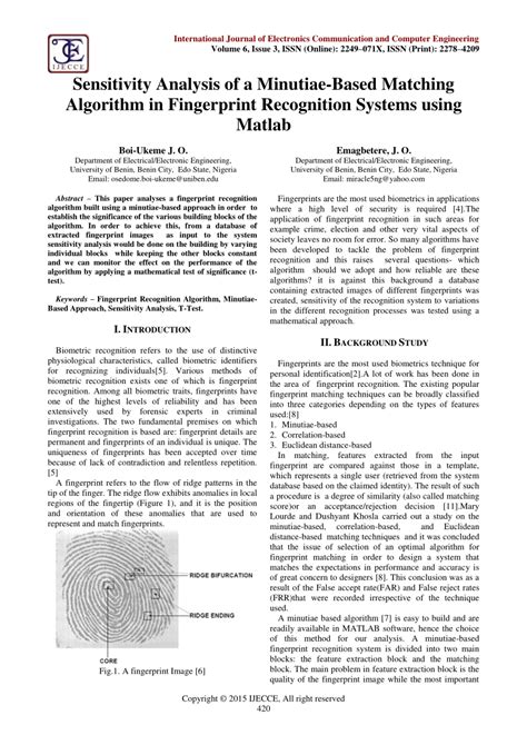 pdf sensitivity analysis of a minutiae based matching algorithm in fingerprint recognition