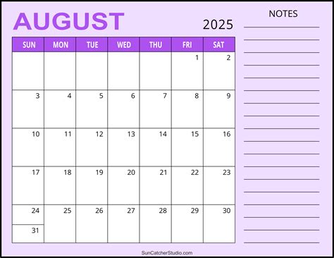 Printable August 2025 Calendar With Notes And Dates Dalia Eleanor