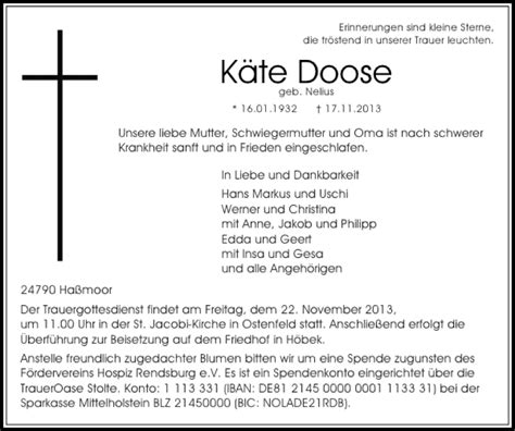 Traueranzeigen von Käte Doose sh z Trauer