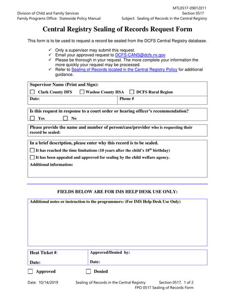 Nevada Central Registry Sealing Of Records Request Form Fill Out