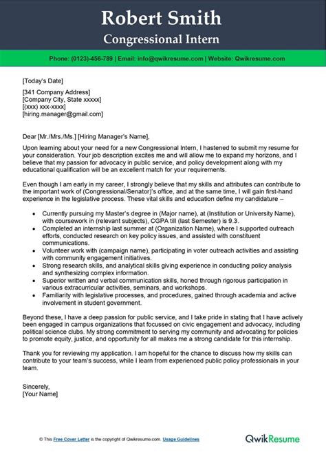 Congressional Intern Cover Letter Examples QwikResume