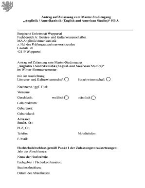 Ausfüllbar Online anglistik uni wuppertal Antrag auf Zulassung zum