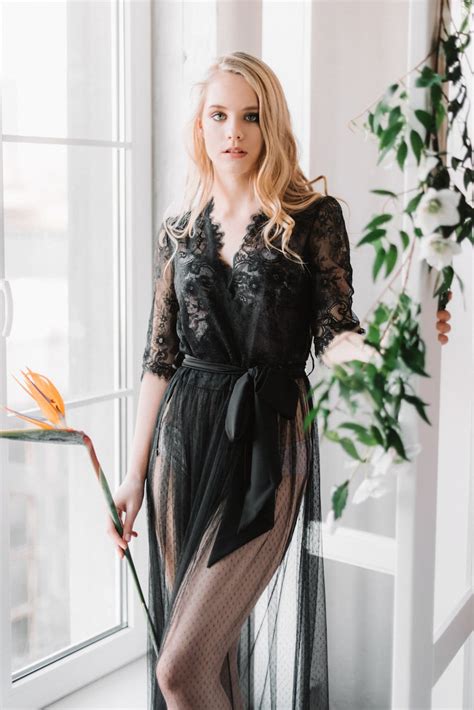 Black Lace Womens Robe Sheer Tulle Long Bride Robe Bridal Etsy