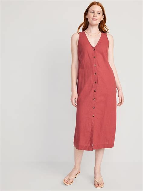Sleeveless Button Front Linen Blend Maxi Shift Dress Old Navy