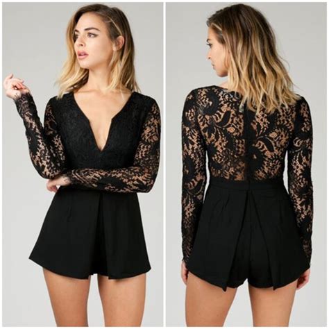Romper Black Black Romper Lace All Lace Long Sleeves V Neck Dress