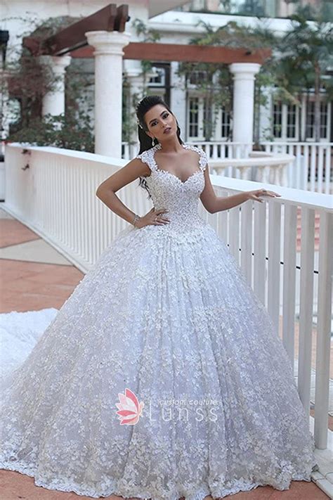 Timeless Queen Anne Neckline Beaded Lace Bridal Ball Gown Lunss