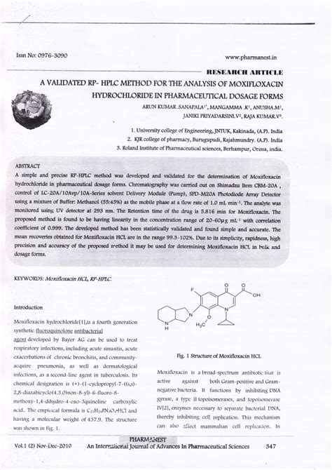 pdf a validated rp hplc method for the analysis of moxifloxacin hydrochloride in