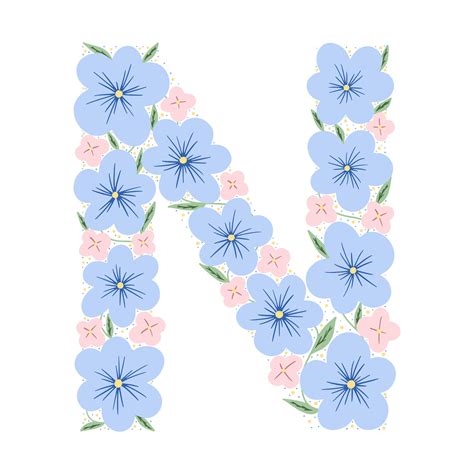 Floral Botanical Alphabet Vintage Hand Drawn Monogram Letter N Letter