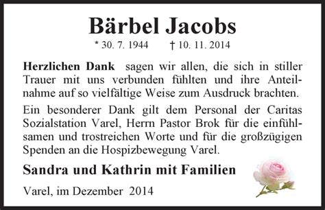 Traueranzeigen von Bärbel Jacobs nordwest trauer de