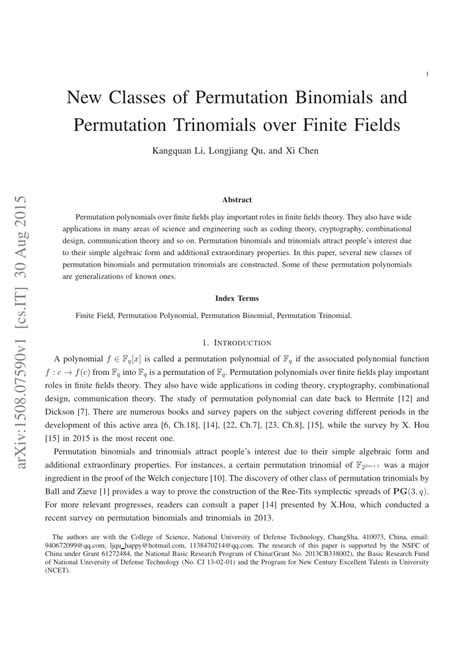 pdf new classes of permutation binomials and permutation trinomials over finite fields