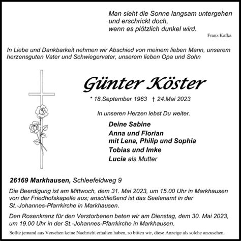 Traueranzeigen von Günter Köster om trauer de