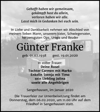 Traueranzeigen von Günter Franke abschied nehmen de