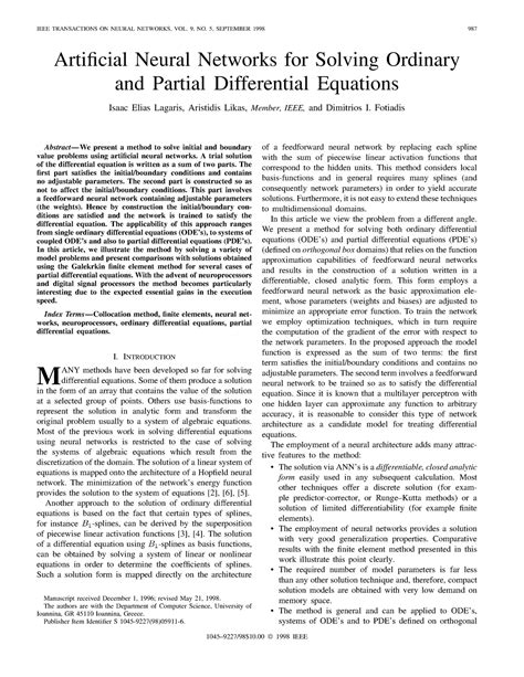 artificial neural networks for solving ordinary and partial differential equations neural