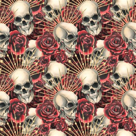 Premium Vector Human Skulls With Red Roses And Golden Crones Hand
