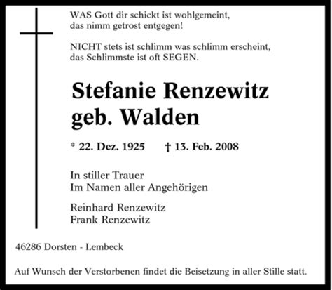 Traueranzeigen Von Stefanie Renzewitz Trauer In NRW De