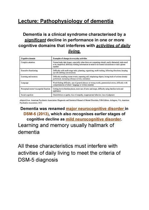 Lecture Dementia Part 1 Lecture Pathophysiology Of Dementia Dementia