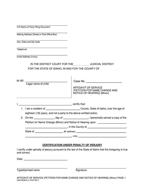 Fillable Online Courtselfhelp Idaho PETITION FOR NAME CHANGE AND Fax