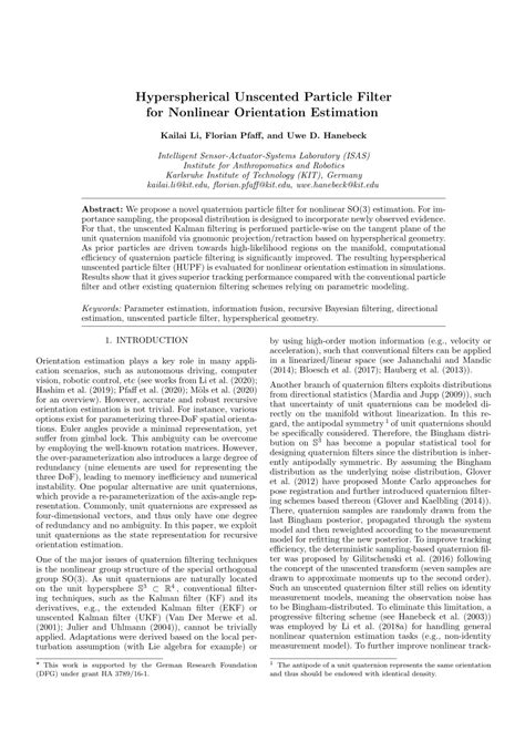 pdf hyperspherical unscented particle filter for nonlinear orientation estimation