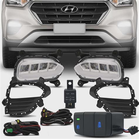 Kit Farol Neblina Milha LED drl Hyundai Creta 2017 2018 2019 Botão
