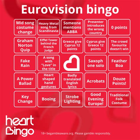 Eurovision Bingo Cards Party Game Heart Bingo