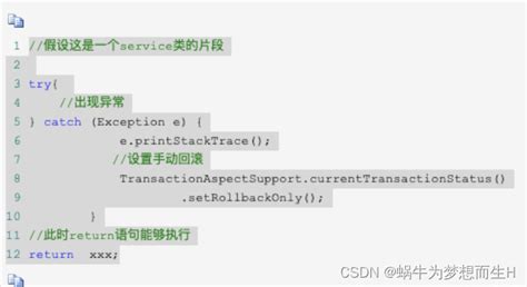 spring 自定义异常 手动回滚 transactionaspectsupport currenttransactionstatus setrollbackonly ； 2、手动回滚