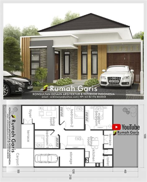 Desain Denah Tampak Depan Rumah 1 Lantai Modern Minimalis Kapling 1020