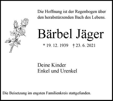 Traueranzeigen von Bärbel Jäger Trauer in NRW de