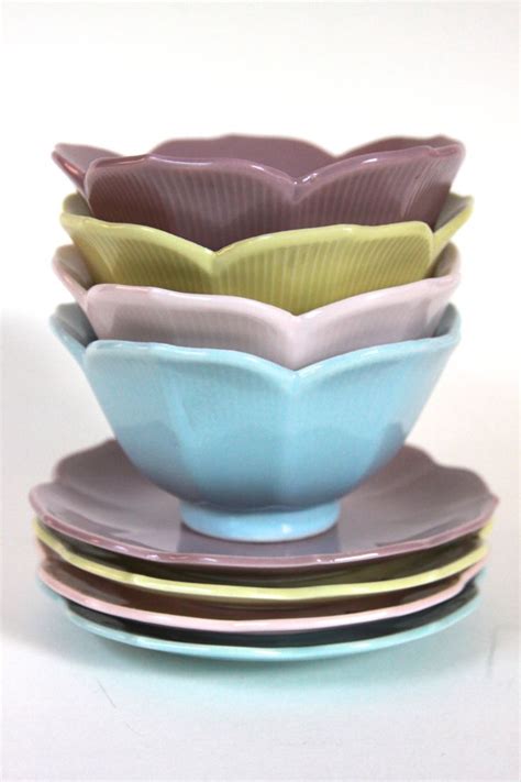 Vintage Lillian Vernon Lotus Bowl And Saucer Set Of Pastel Etsy