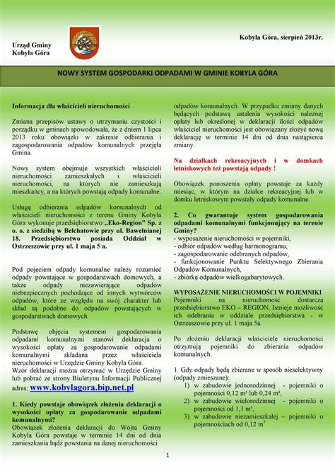 NOWY SYSTEM GOSPODARKI ODPADAMI W GMINIE KOBYLA GÓRA PDF Free Download