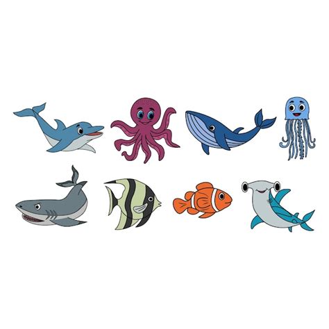 Conjunto De Animais Marinhos Fofos De Desenho Animado Vetor Premium
