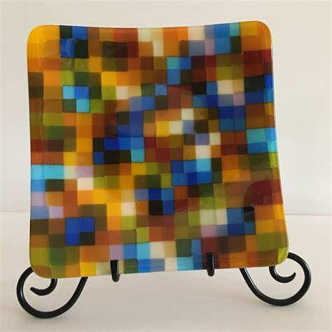 9 Square Plate With Opaque And Translucent Squares Full Fused And Slumped By Kim Natwig