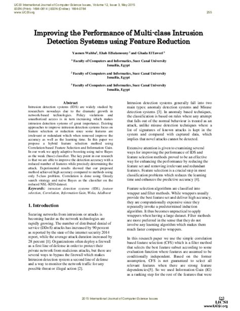 pdf improving the performance of multi class intrusion detection systems using feature