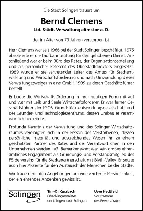 Alle Traueranzeigen für Bernd Clemens trauer rp online de