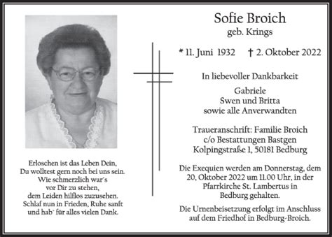 Traueranzeigen Von Sofie Broich WirTrauern