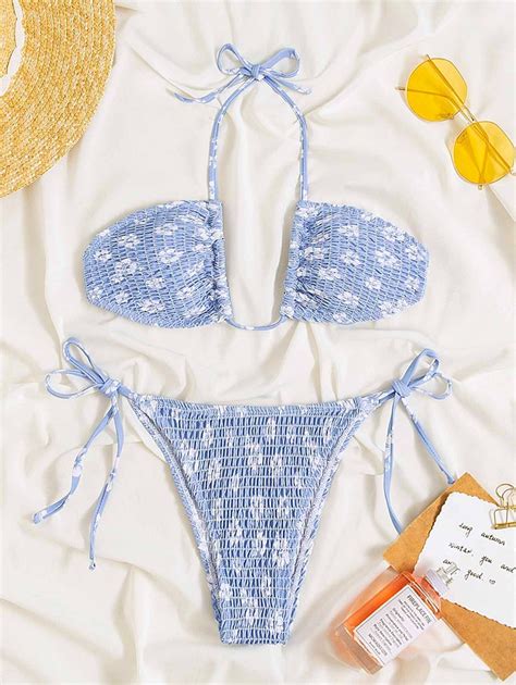 Shein Swim Ditsy Floral Print Bikini Set Smocked Halter Bra Thong