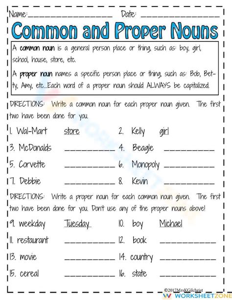 Common And Proper Nouns Examples Worksheet