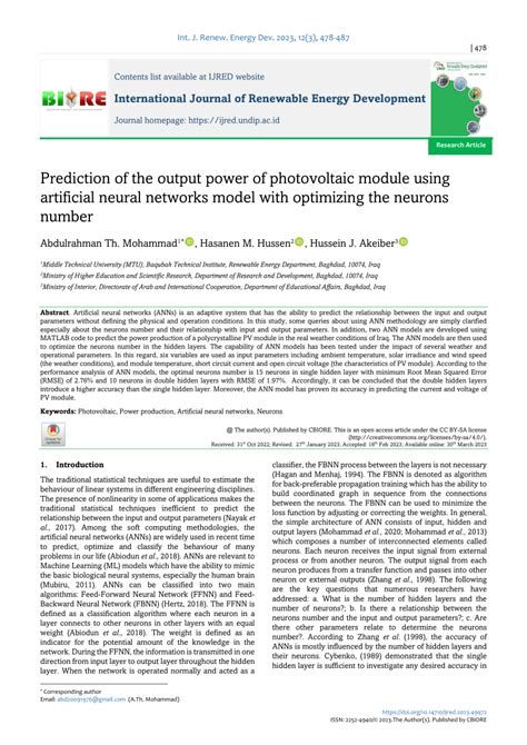 pdf prediction the output power of photovoltaic module using artificial neural networks model